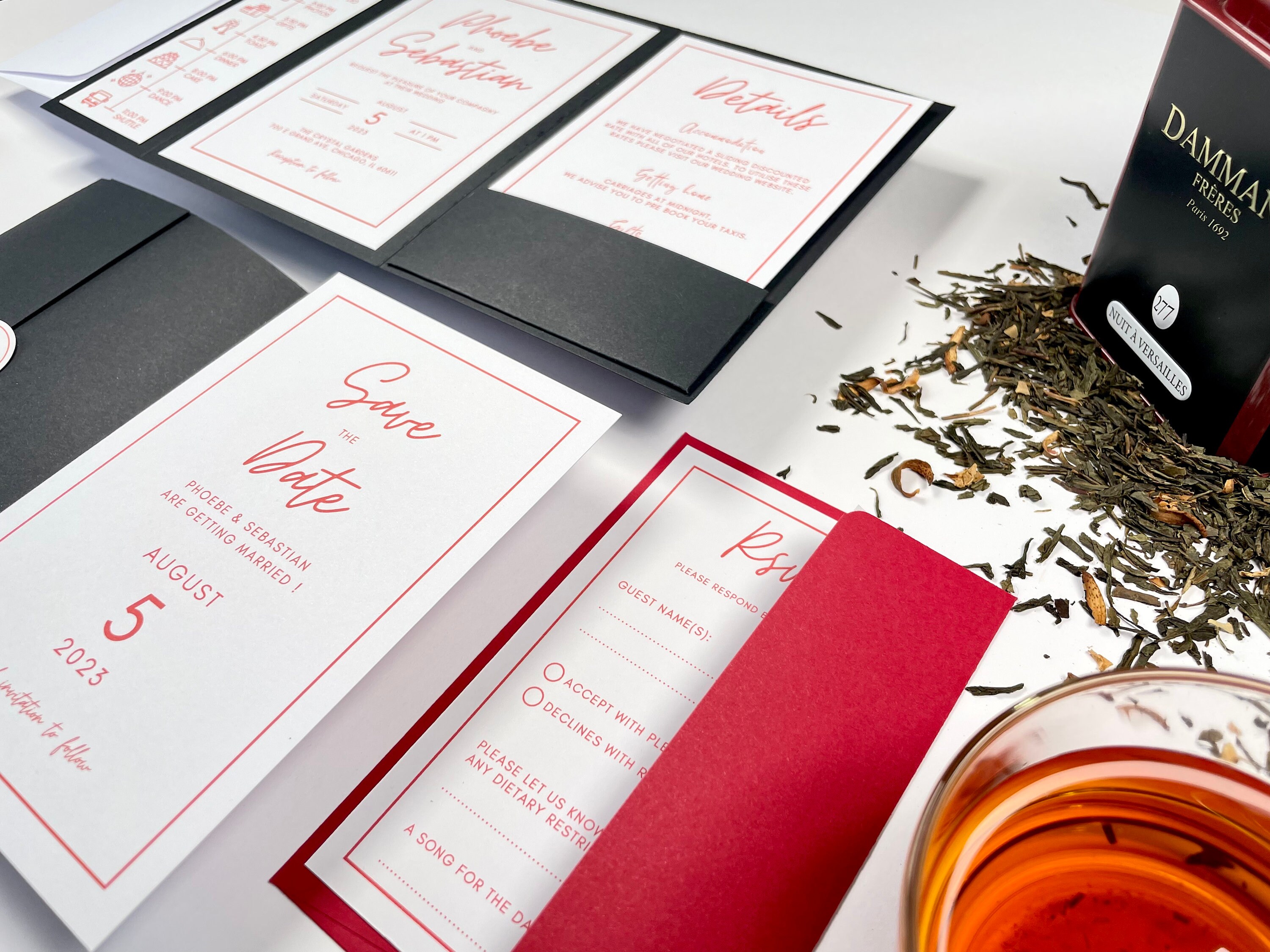 Minimalist Black Red and White Wedding Invitation, Elegant Black ...