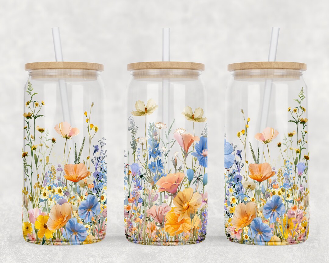 Wild Boho Flowers Libbey Glass Can Sublimation Design (PNG Digital ...
