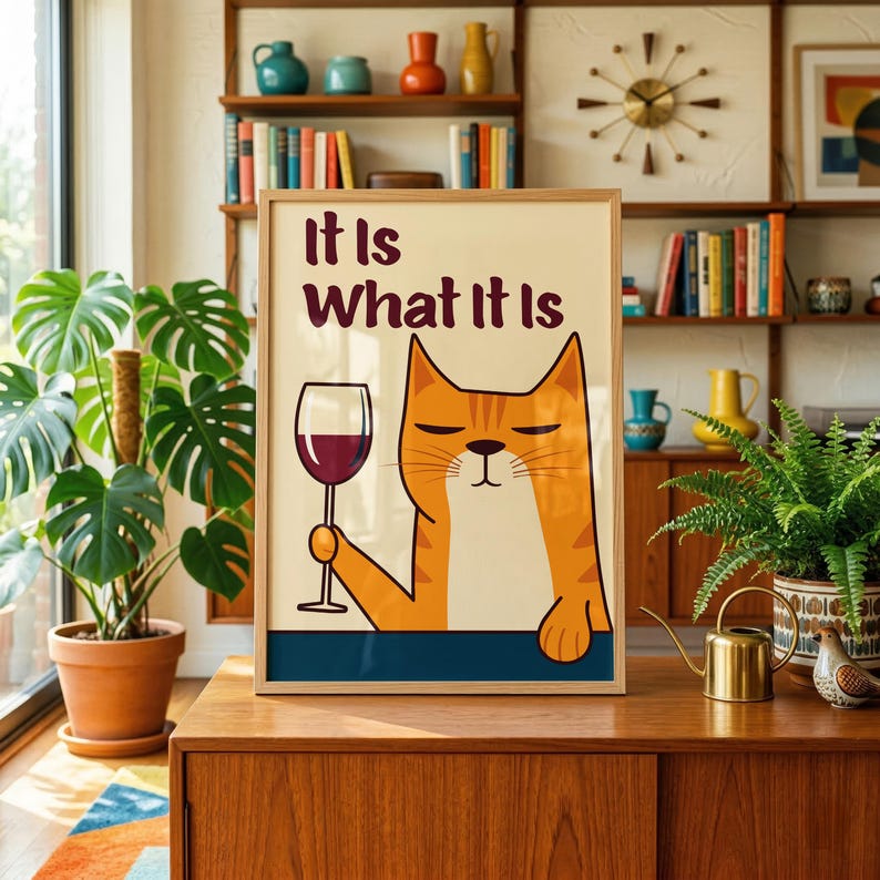 Funny Cat Wall Art, Orange Tabby Wine Print, Retro Mid Century Decor ...