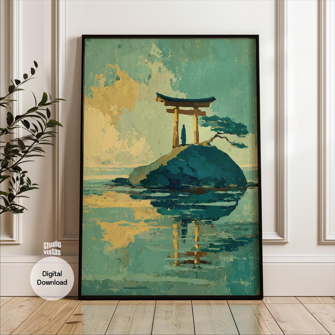 Torii Gate Print: Japandi Sage Green Landscape (digital Download) - Etsy