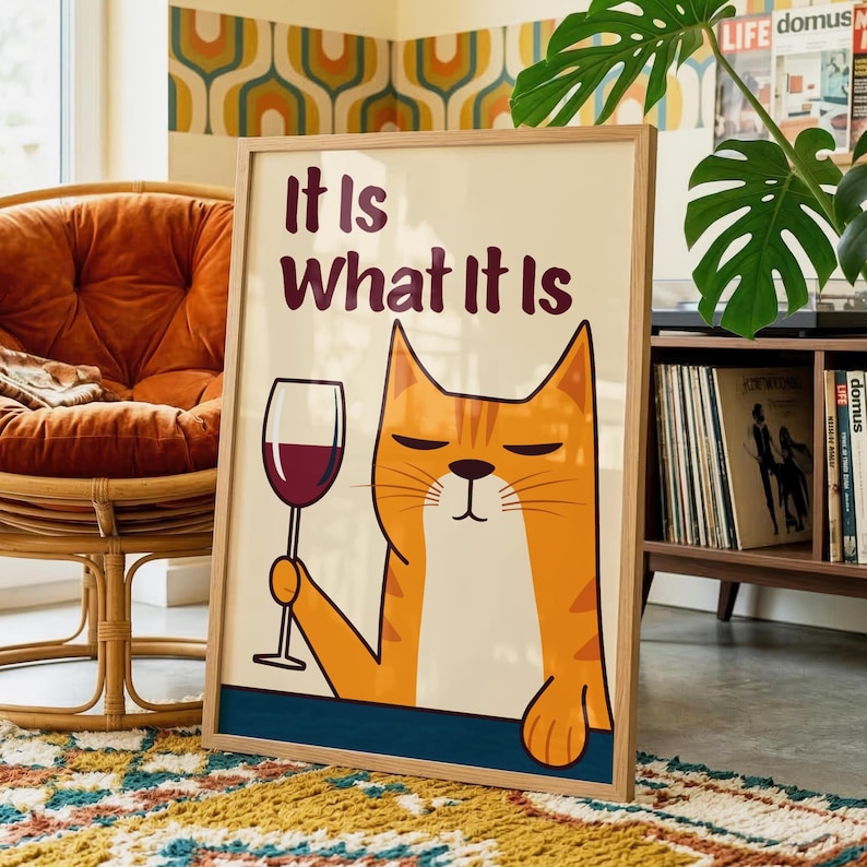 Funny Cat Wall Art, Orange Tabby Wine Print, Retro Mid Century Decor ...