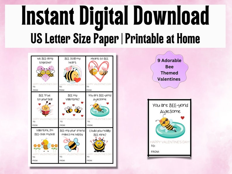 Printable Bee Valentine Cards for Kids Classroom Cards for Valentine's ...