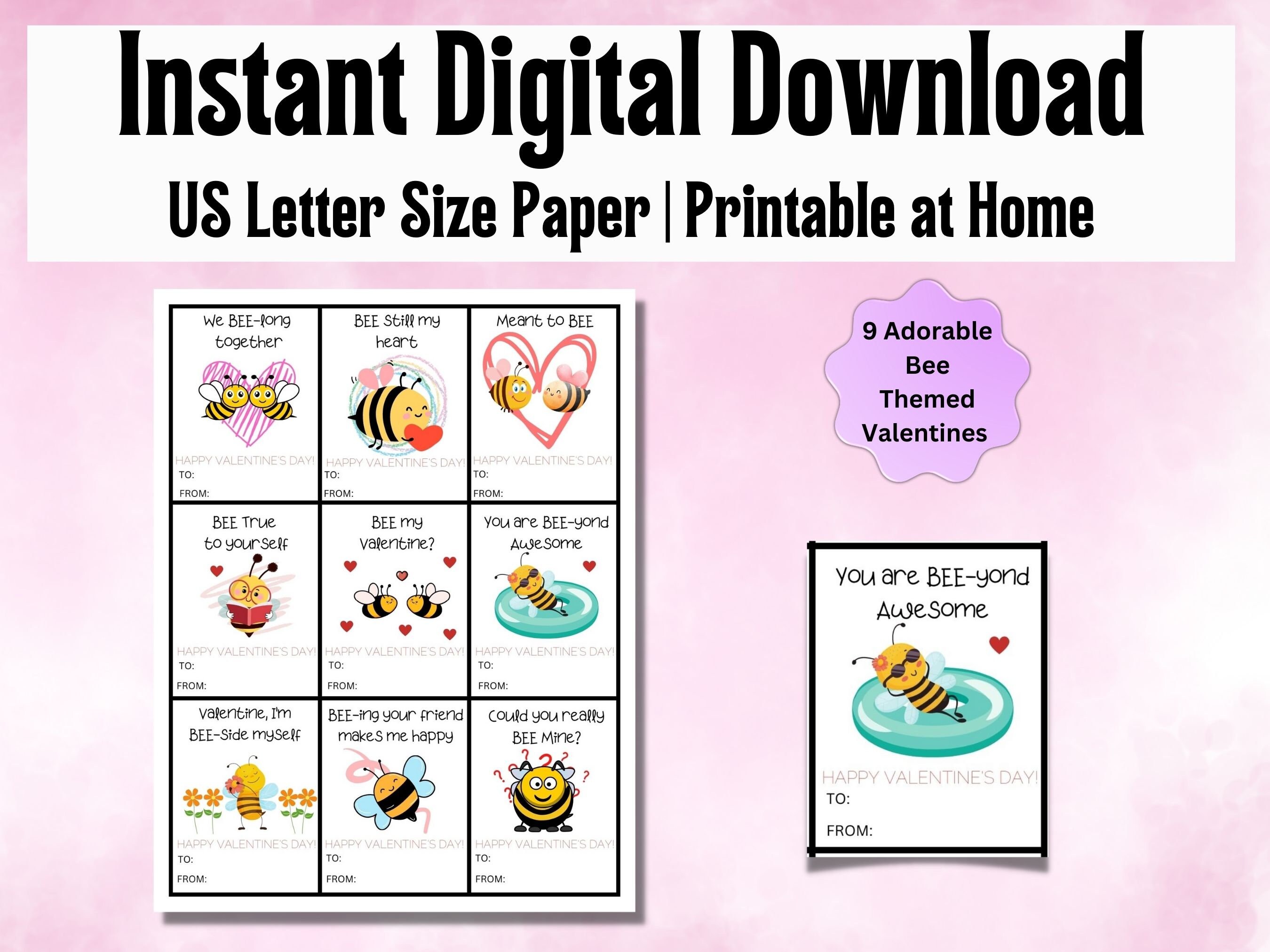 Printable Bee Valentine Cards for Kids Classroom Cards for Valentine's ...