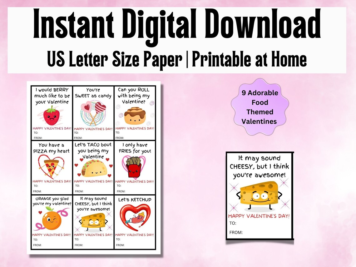Kids Valentine Cards Printable Food Themed Valentine Cards Shareable ...