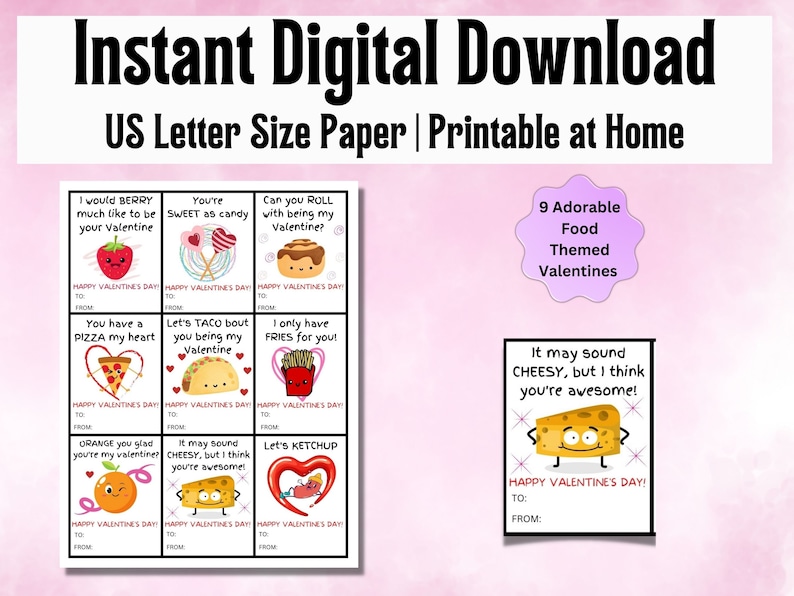Kids Valentine Cards Printable Food Themed Valentine Cards Shareable ...