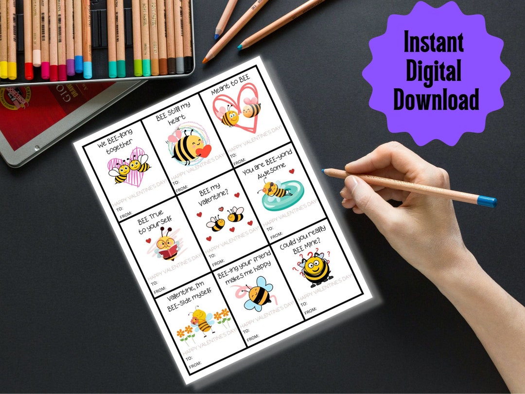 Printable Bee Valentine Cards for Kids Classroom Cards for Valentine's ...