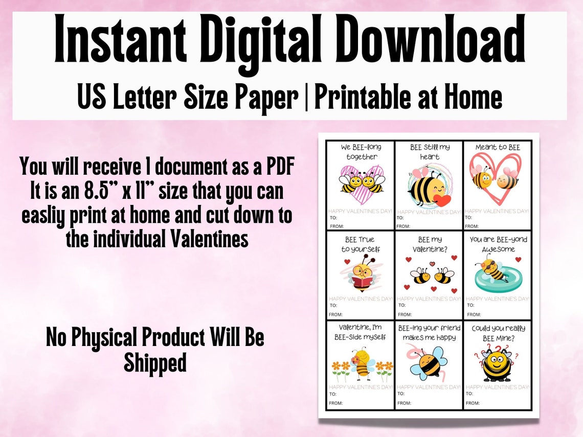Printable Bee Valentine Cards for Kids Classroom Cards for Valentine's ...