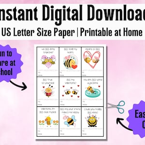 Printable Bee Valentine Cards for Kids Classroom Cards for Valentine's ...