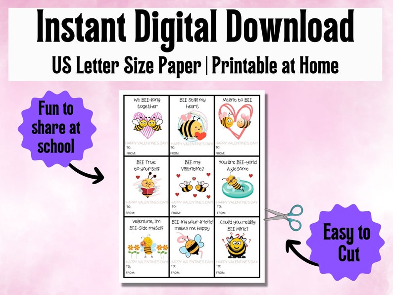 Printable Bee Valentine Cards for Kids Classroom Cards for Valentine's ...