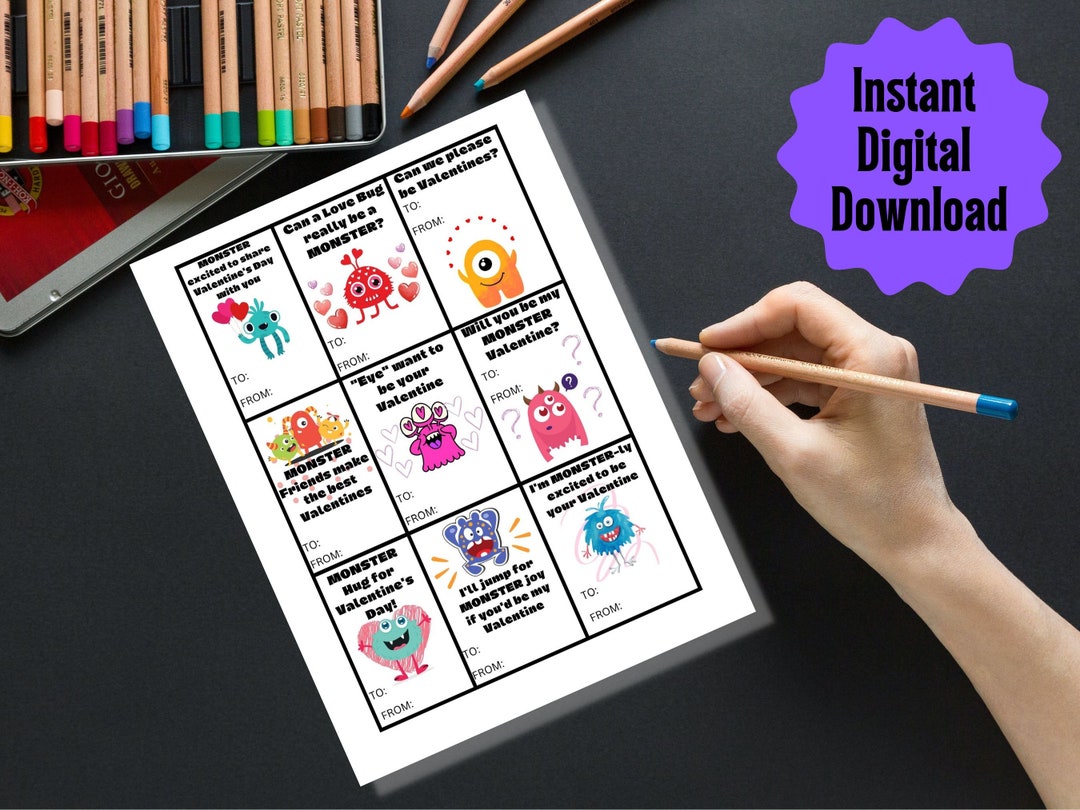 Kids Printable Monster-themed Valentine Cards Classroom Valentines ...