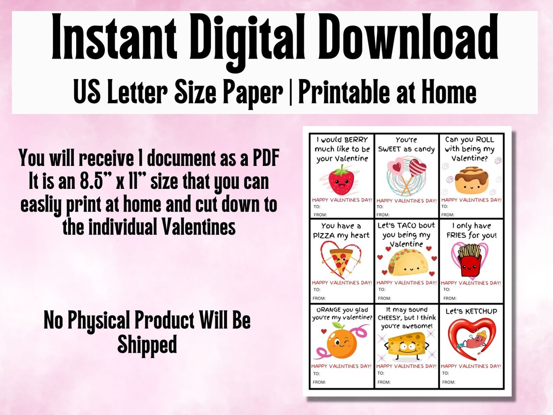 Kids Valentine Cards Printable Food Themed Valentine Cards Shareable ...
