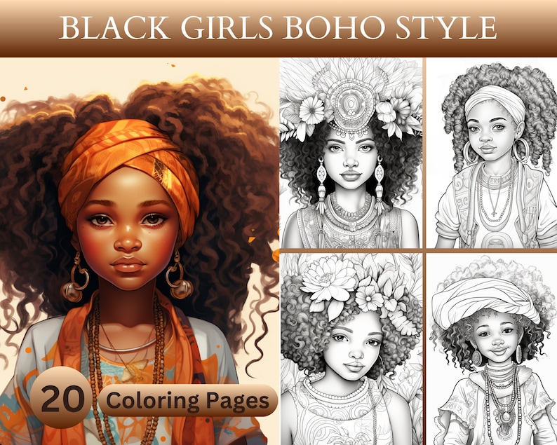 20 Black Girls Boho Style Coloring Book, Afro, Locs, Bohemian Style ...