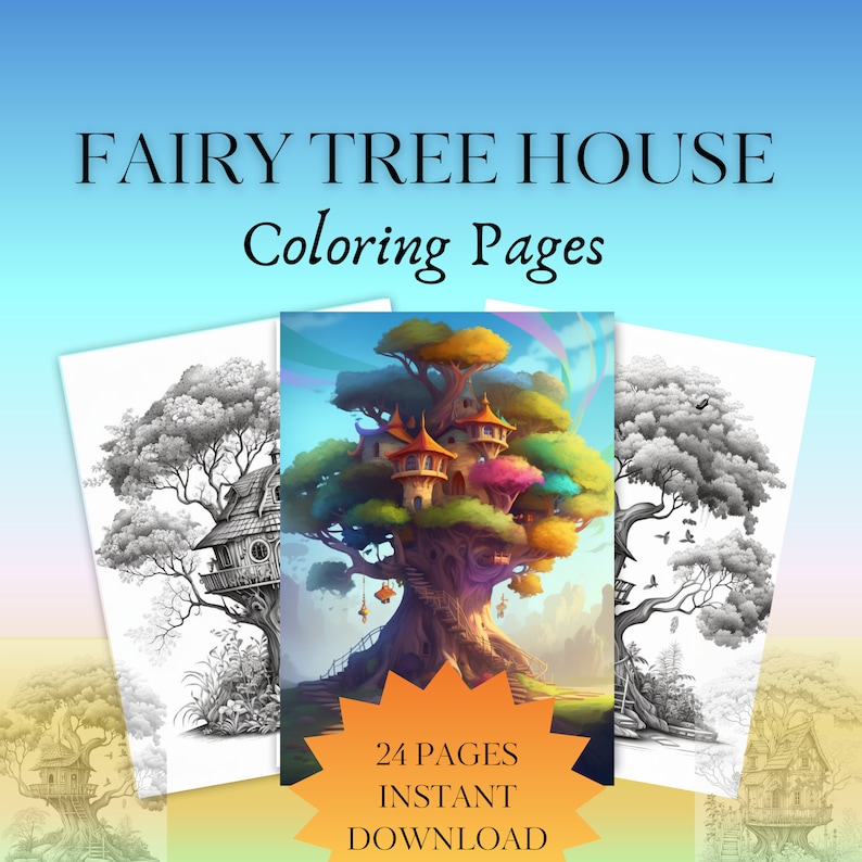 24 Fairy Tree House Coloring Pages Fairyland Fantasy - Etsy