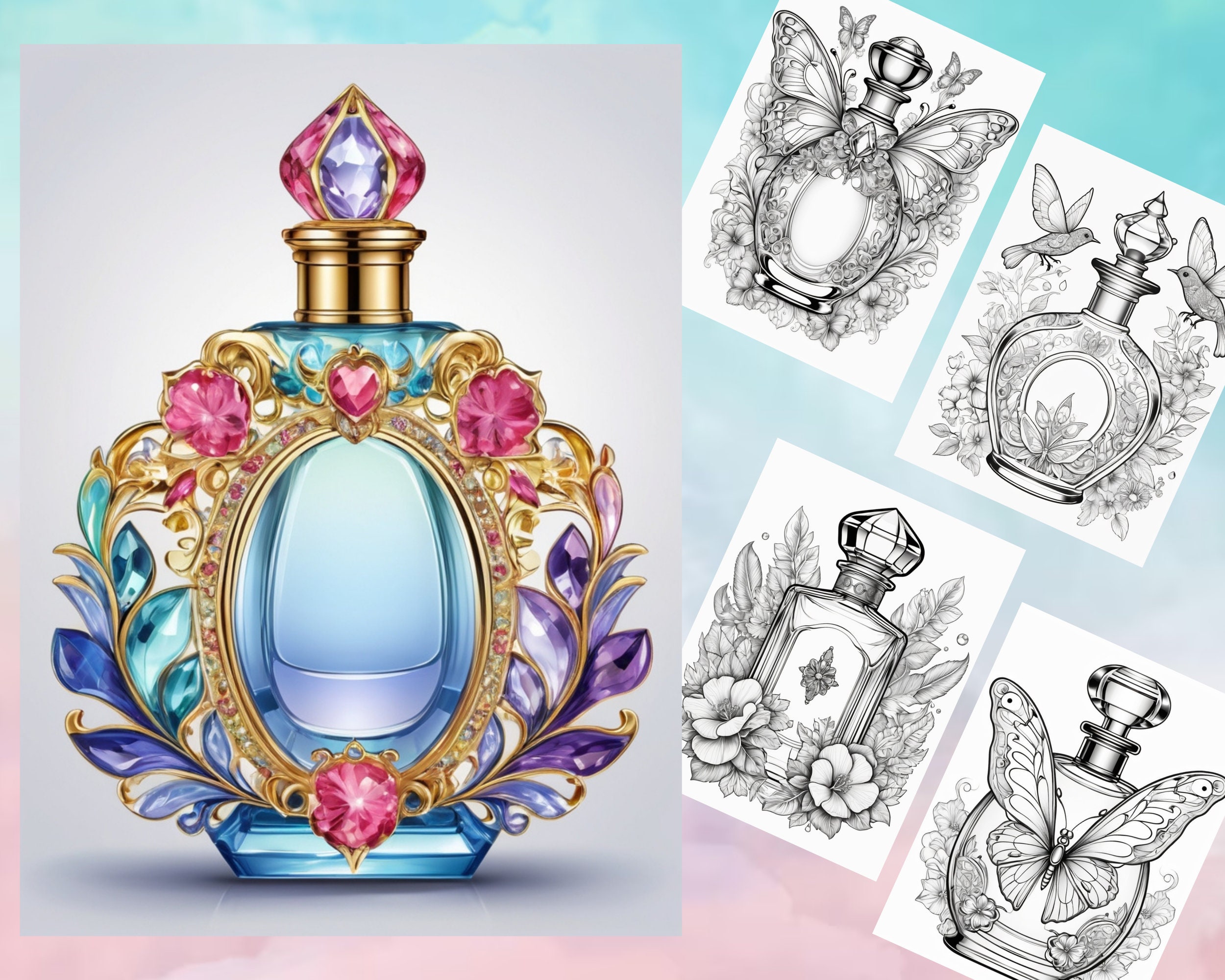 90 Perfume Bottles Coloring Book, Blooms & Scents, Adults/kids Coloring ...