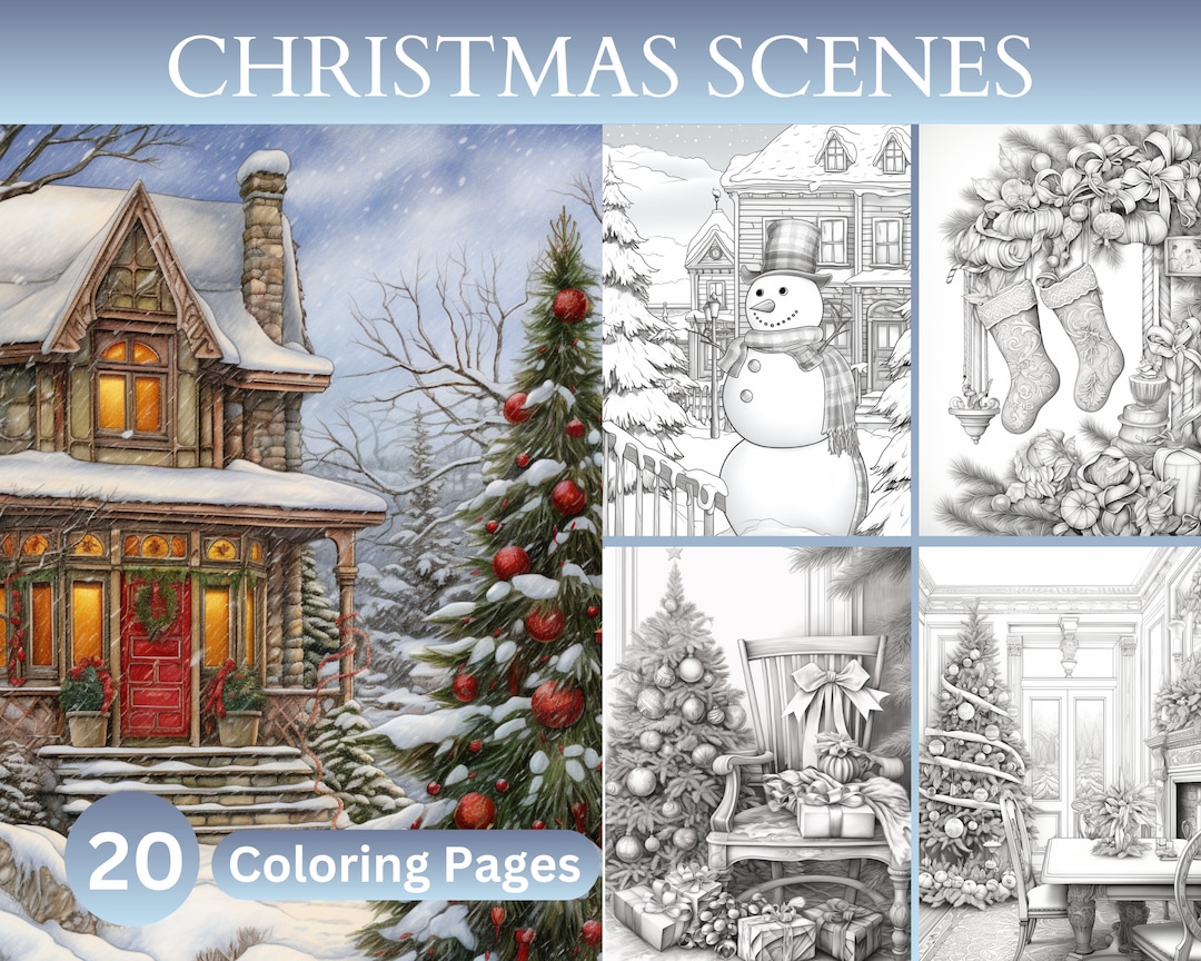 20 Christmas Scenes Coloring Book, Fantasy Xmas Cottage, Christmas Tree ...