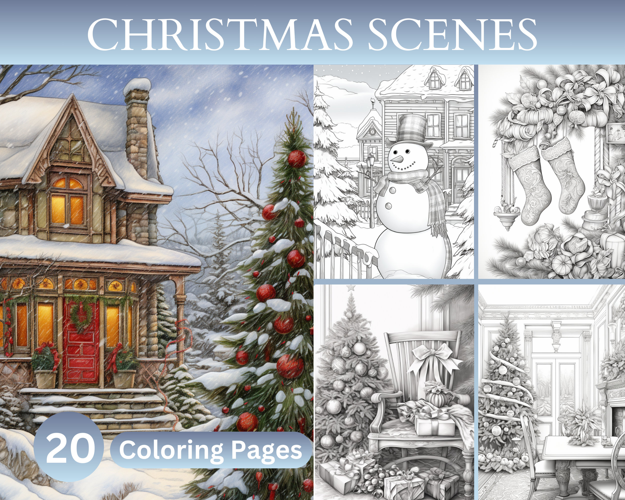 20 Christmas Scenes Coloring Book, Fantasy Xmas Cottage, Christmas Tree ...