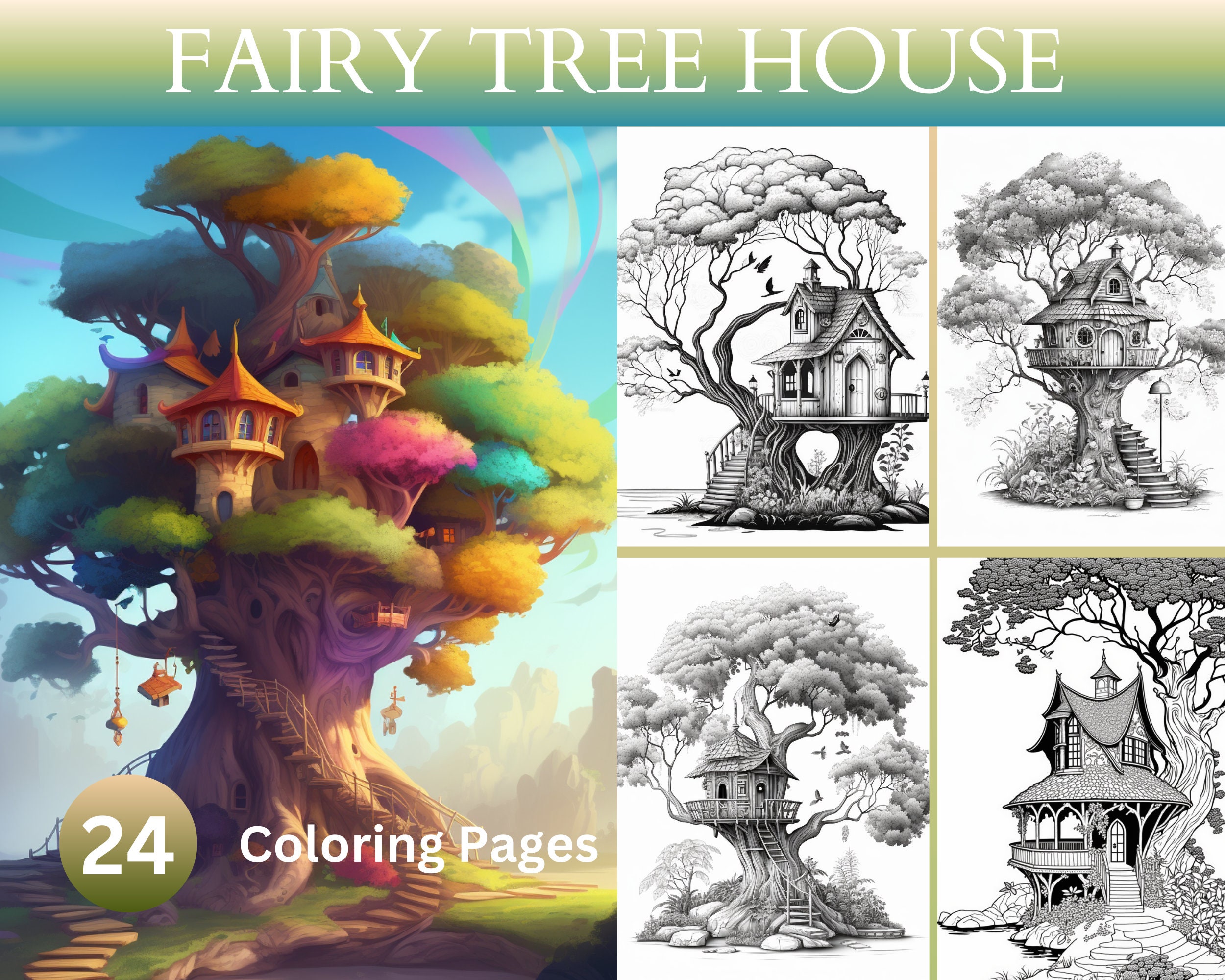 24 Fairy Tree House Coloring Pages Fairyland Fantasy - Etsy