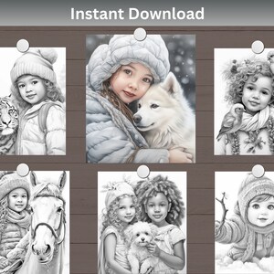 30 Winter Kids and Pets Coloring Pages, Grayscale, Winter Seasonal ...
