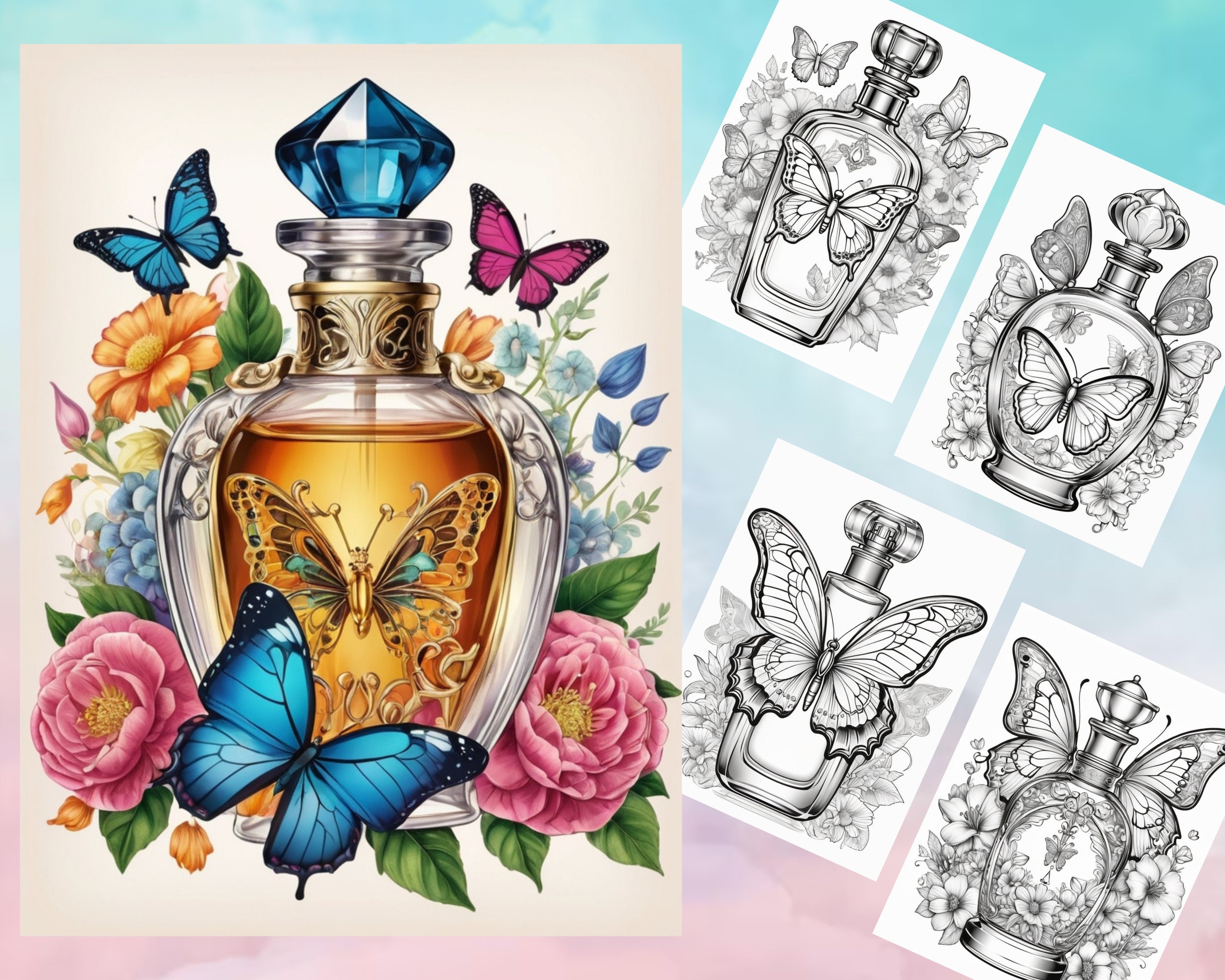 90 Perfume Bottles Coloring Book, Blooms & Scents, Adults/kids Coloring ...