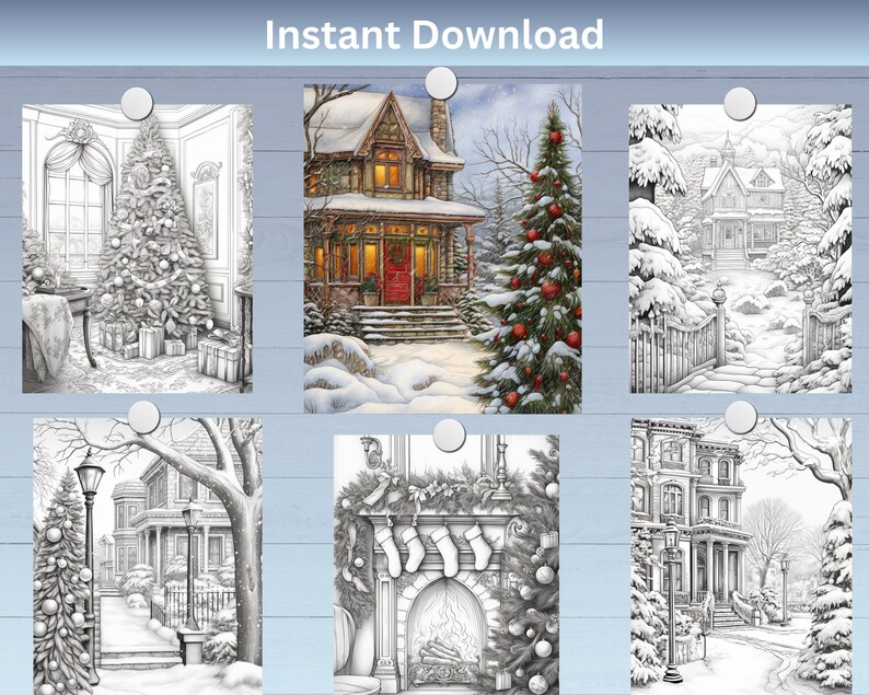 20 Christmas Scenes Coloring Book, Fantasy Xmas Cottage, Christmas Tree ...