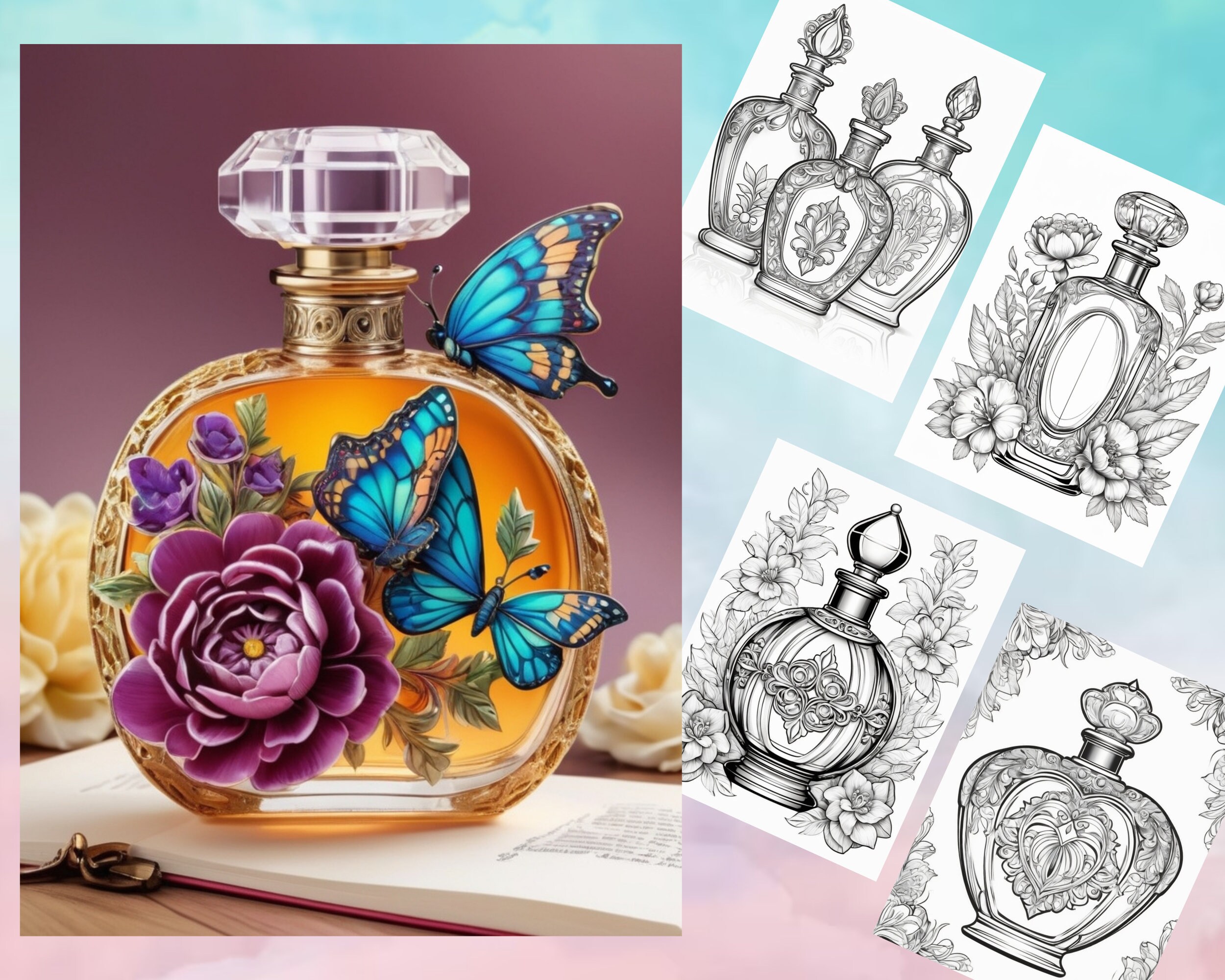 90 Perfume Bottles Coloring Book, Blooms & Scents, Adults/kids Coloring ...