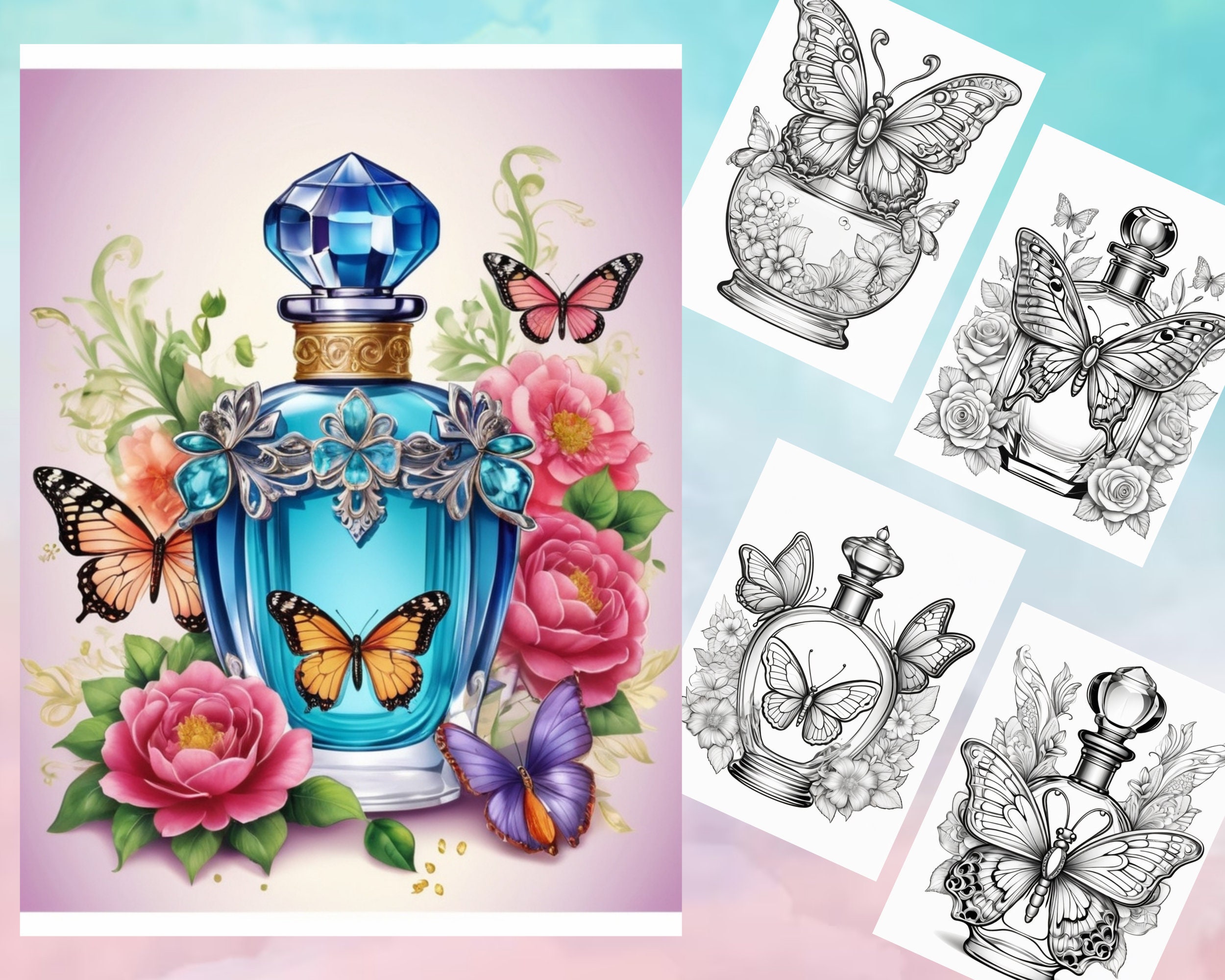 90 Perfume Bottles Coloring Book, Blooms & Scents, Adults/kids Coloring ...
