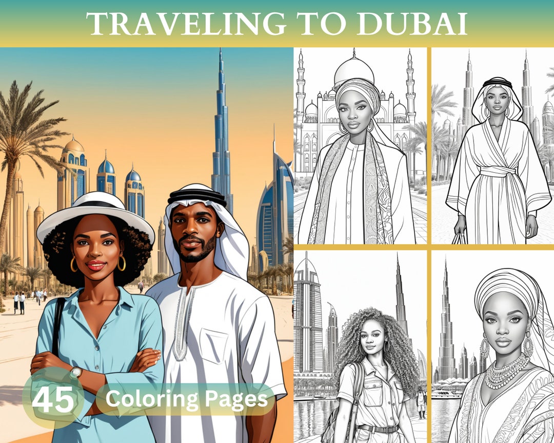 45 Traveling to Dubai Adults Coloring Book, African American Tourist ...