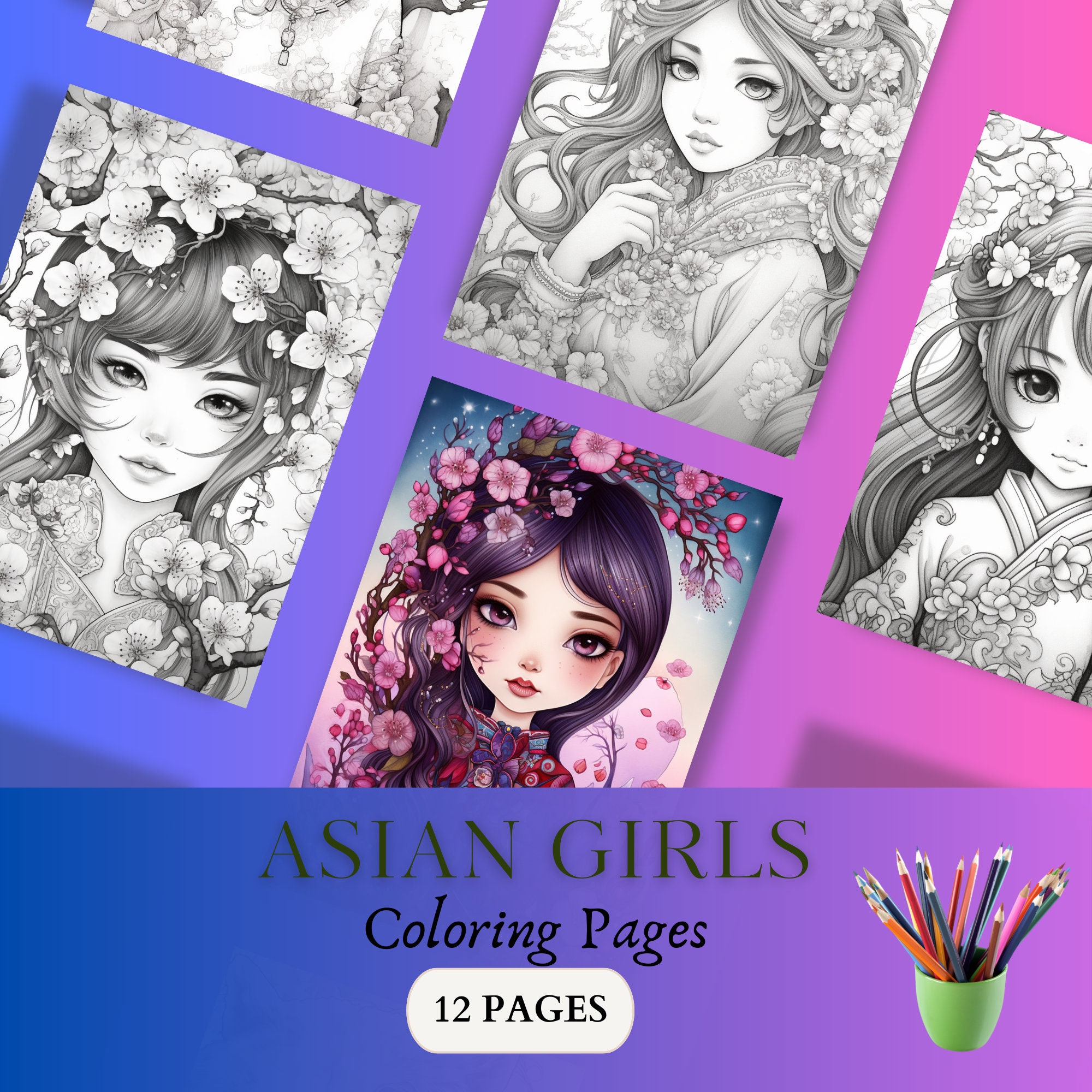 Beautiful Asian Girls Coloring Book - Kawaii, Fashion, Traditional ...