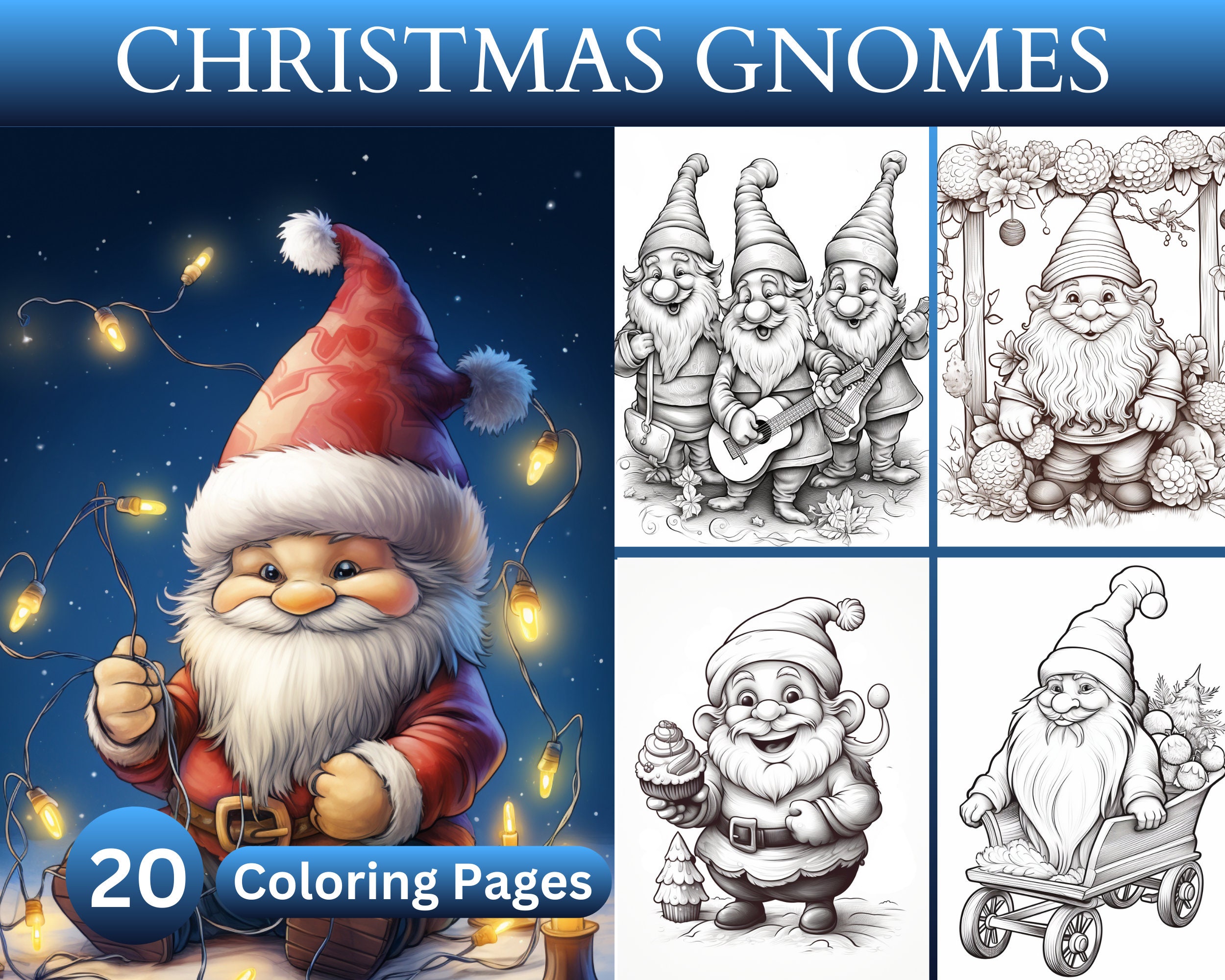 20 Christmas Gnomes Coloring Book, Xmas Noel Gnome Coloring Pages ...