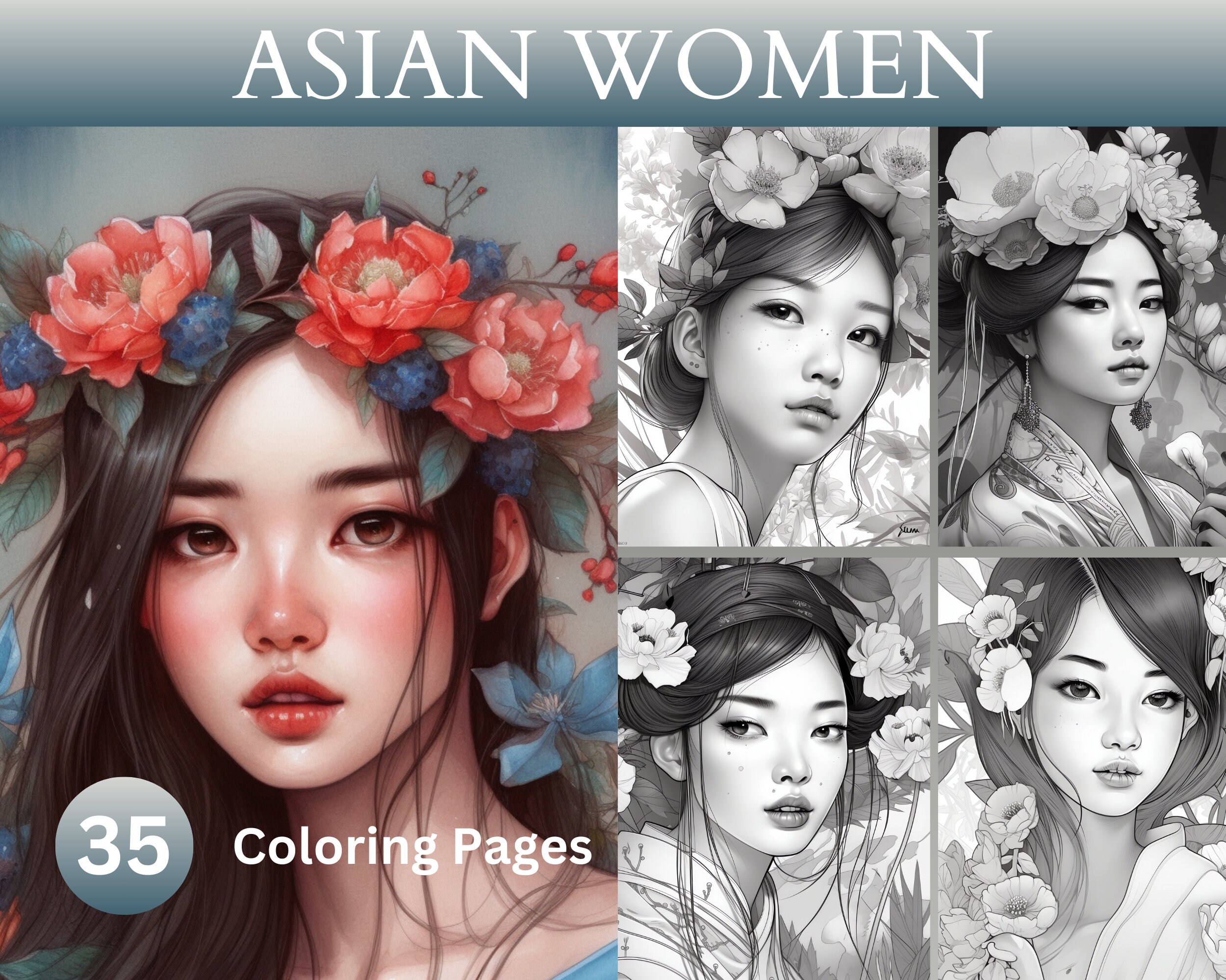 35 Asian Women Coloring Pages Asian Girls Florals Fashion - Etsy