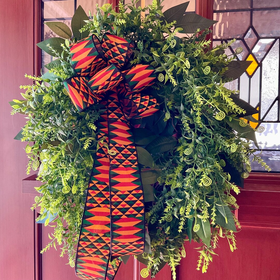 Greenery Wreath, Everyday Greenery Wreath, Greenery Wreath With Kente Bow - Etsy