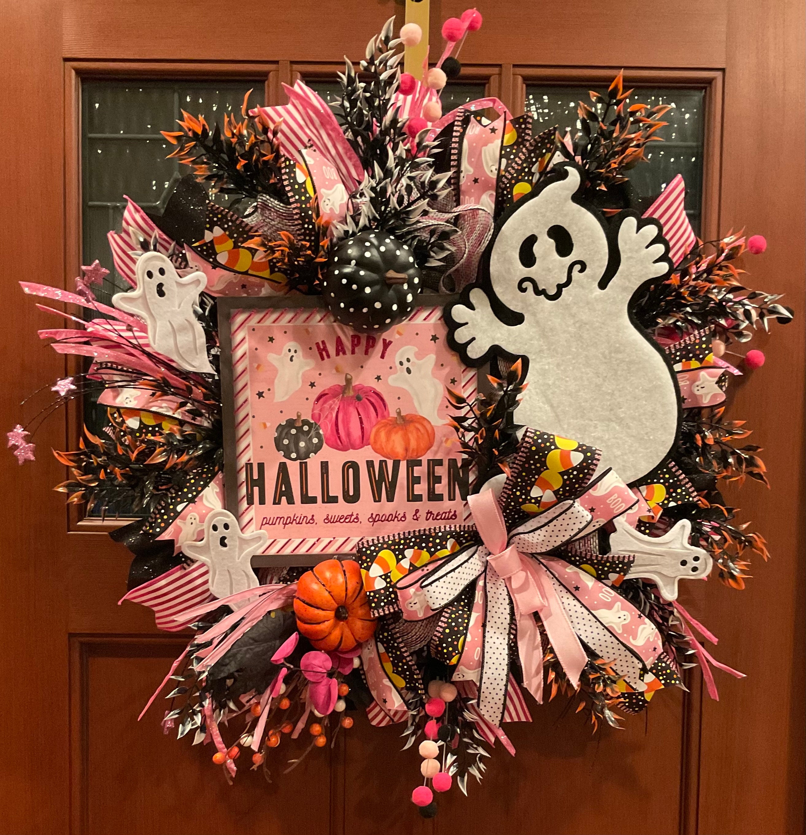 Halloween Wreath, Ghost Wreath, Pink Halloween Wreath, Halloween Front ...