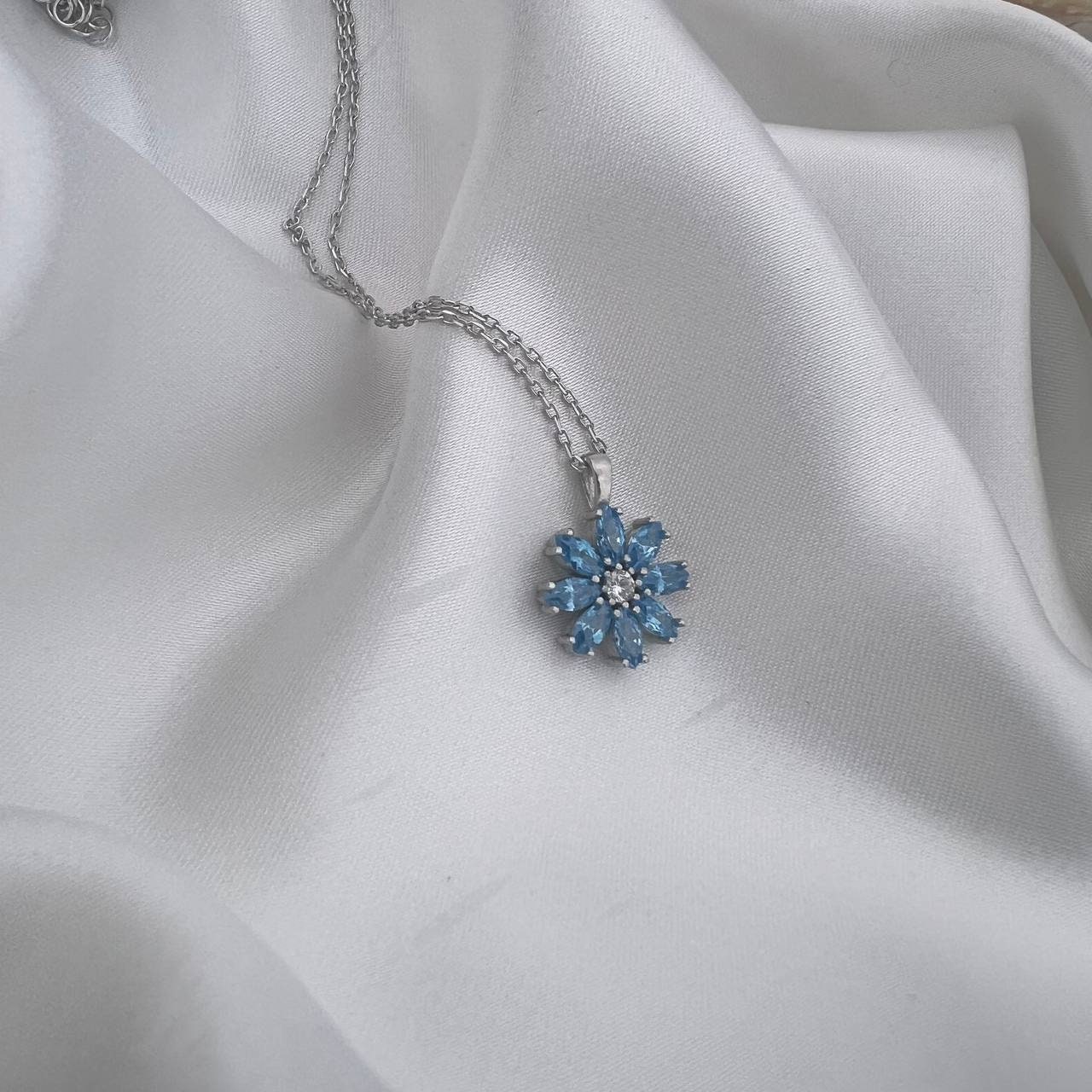 925 Sterling Blue Flower Floral Stone Silver Necklace, Dainty Necklace ...