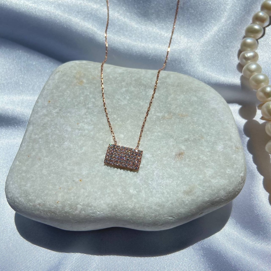 Stunning Rose Gold Rectangle Pendant Necklace With Sparkling CZ Stones ...