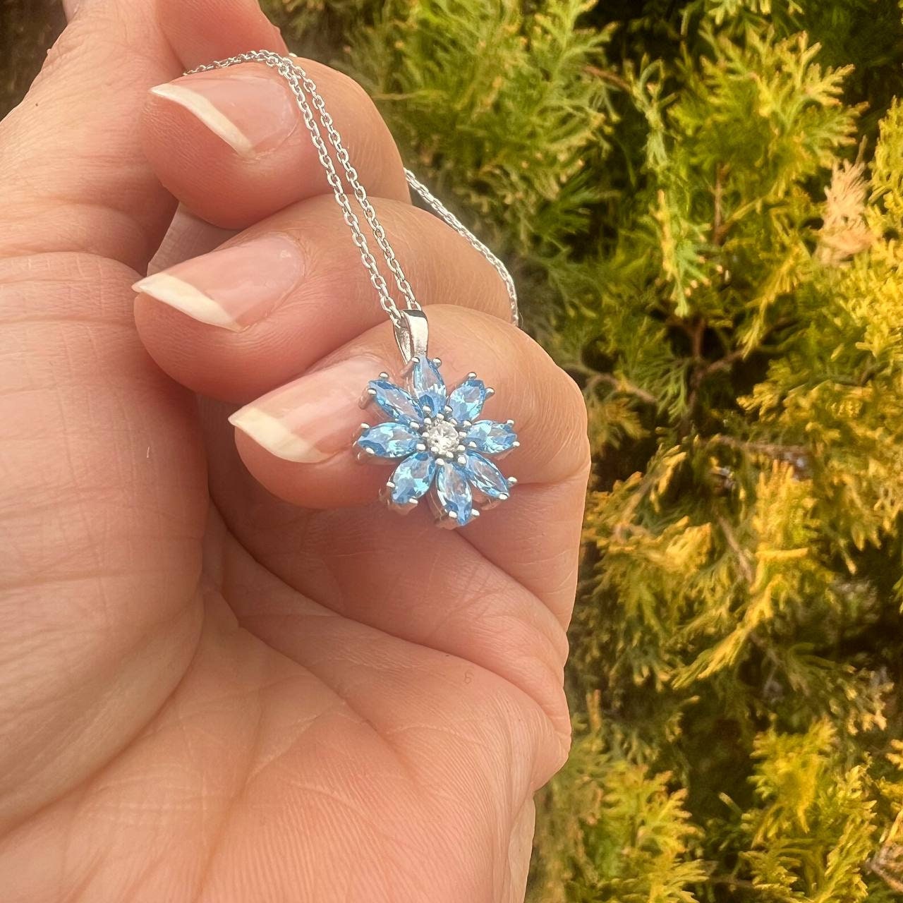 925 Sterling Blue Flower Floral Stone Silver Necklace, Dainty Necklace ...
