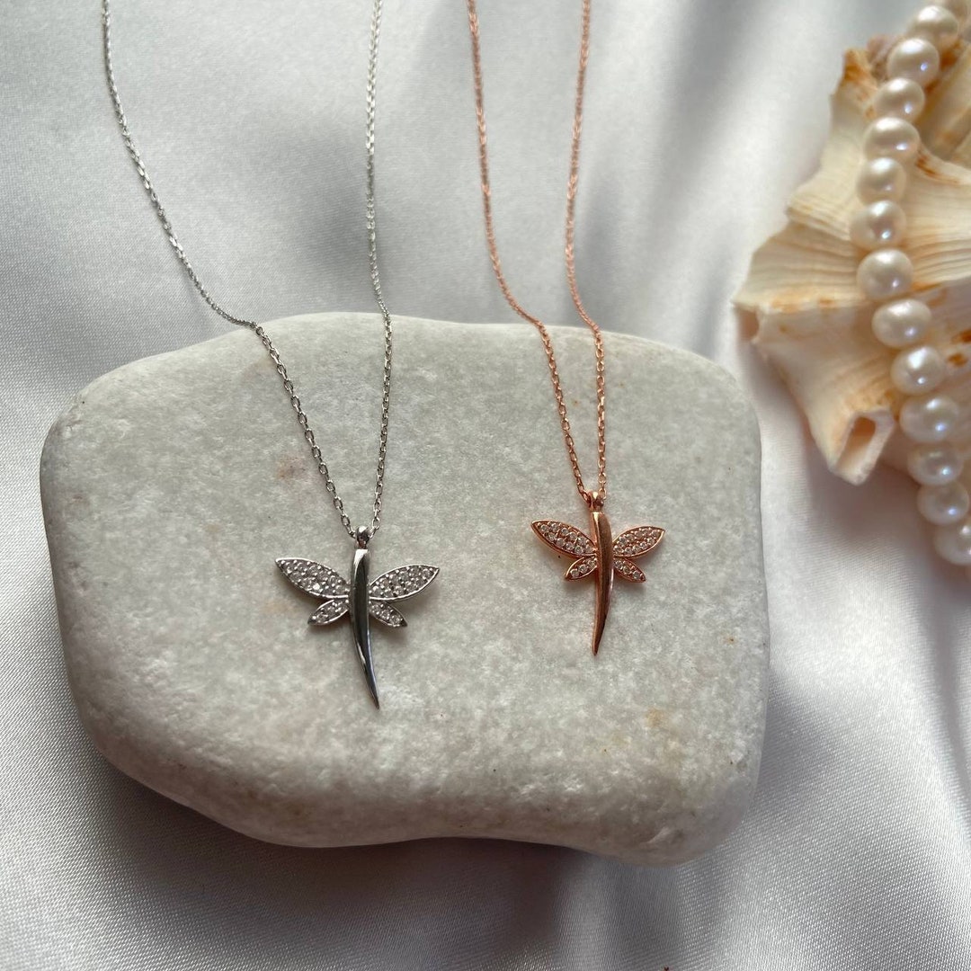 Sterling Silver and Rose Gold Dragonfly Necklace CZ Crystals, Elegant ...
