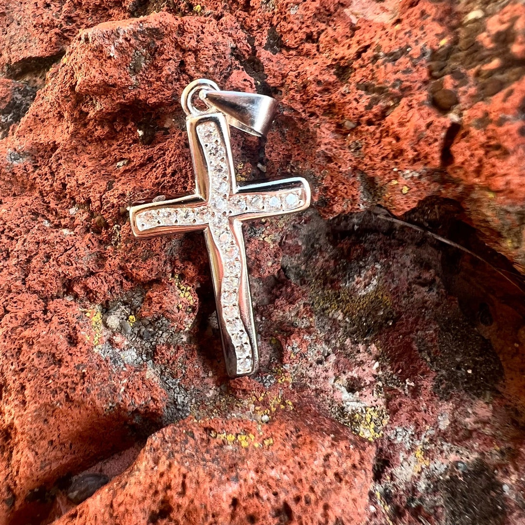 925 Sterling Silver Cross Pendant, Pretty Polite Diamond Silver Cross Pendant, Handmade Silver ...
