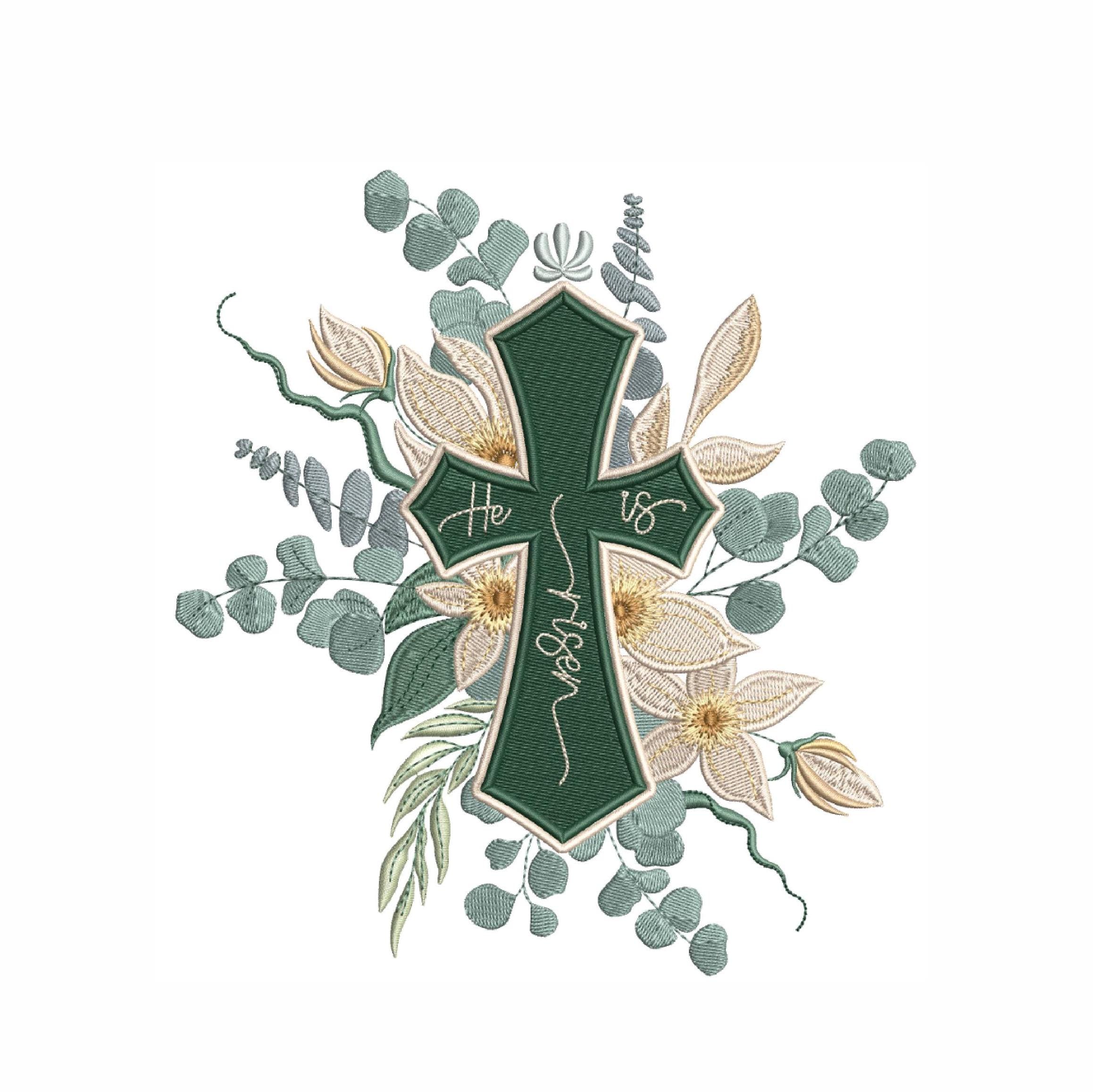 Floral Cross Machine Embroidery Design: Easter, He is Risen (digital ...