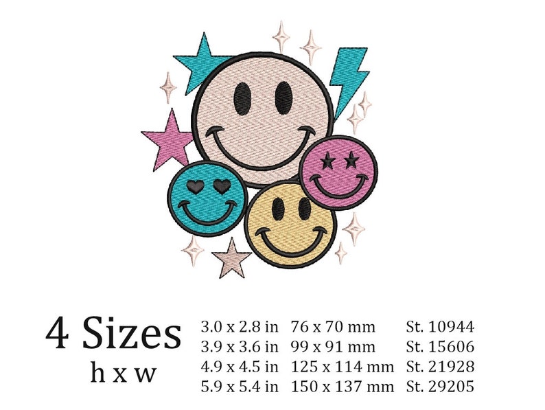 Retro Smile Face Embroidery Design: Groovy Vintage Pattern (4 Sizes ...