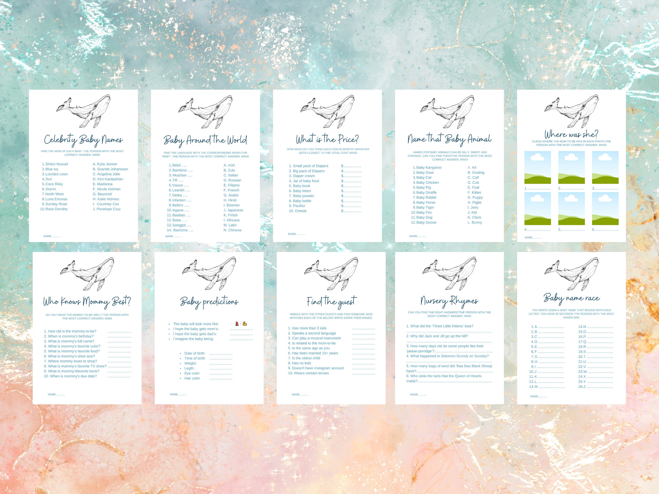 Editable Whale Baby Shower Game Bundle, 20 Games Baby Shower Games ...