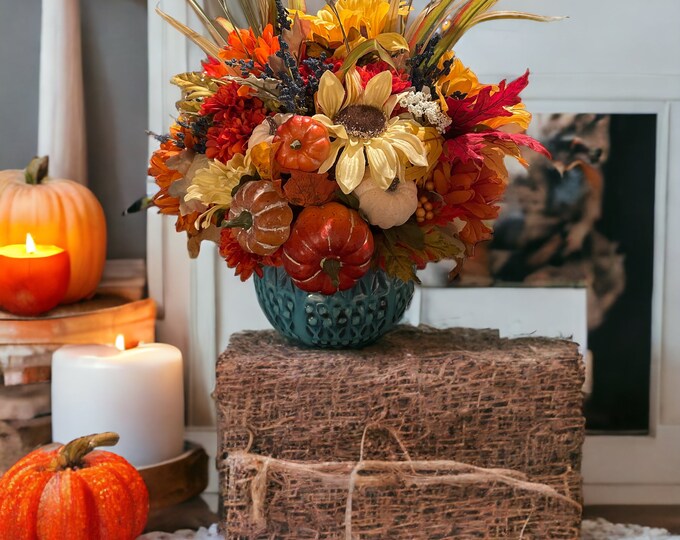 Blue Ceramic Pot Fall Floral Arrangement| Fall Flowers| Fall Leaves ...