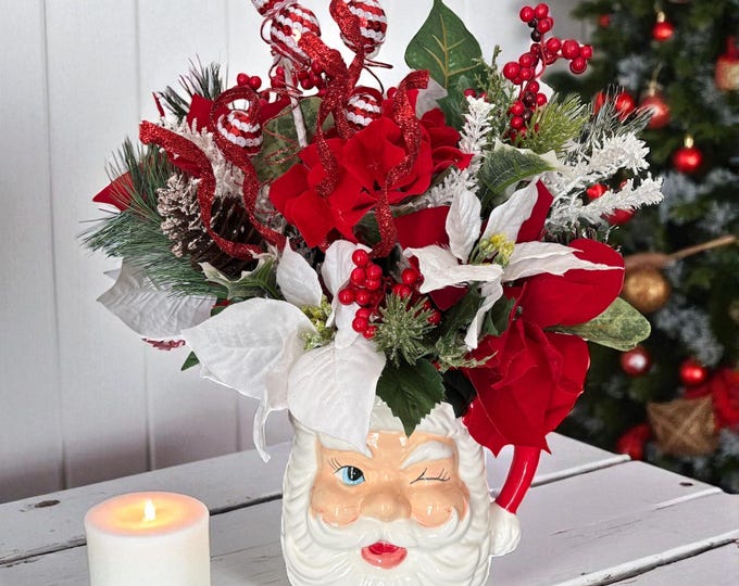 Christmas Floral Arrangement| Santa| Poinsettias| Pinecones| Berries ...