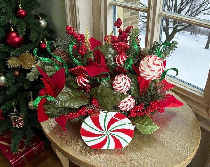Peppermint Swirl Christmas Floral Arrangement • Candy Cane Holiday ...