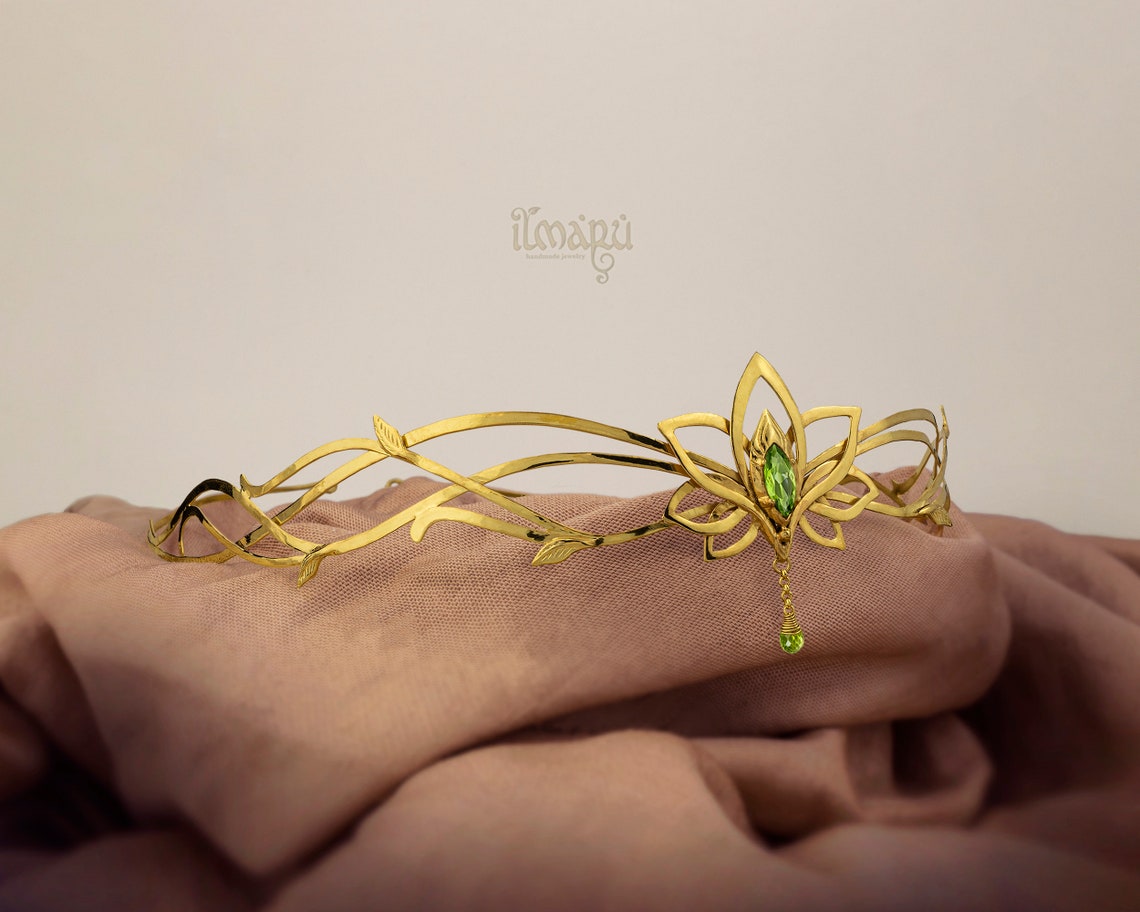 18K Gold Crown Lotus Whisper: Elven Tiara for the Divine Soul With Peridots or Other Gemstones ...
