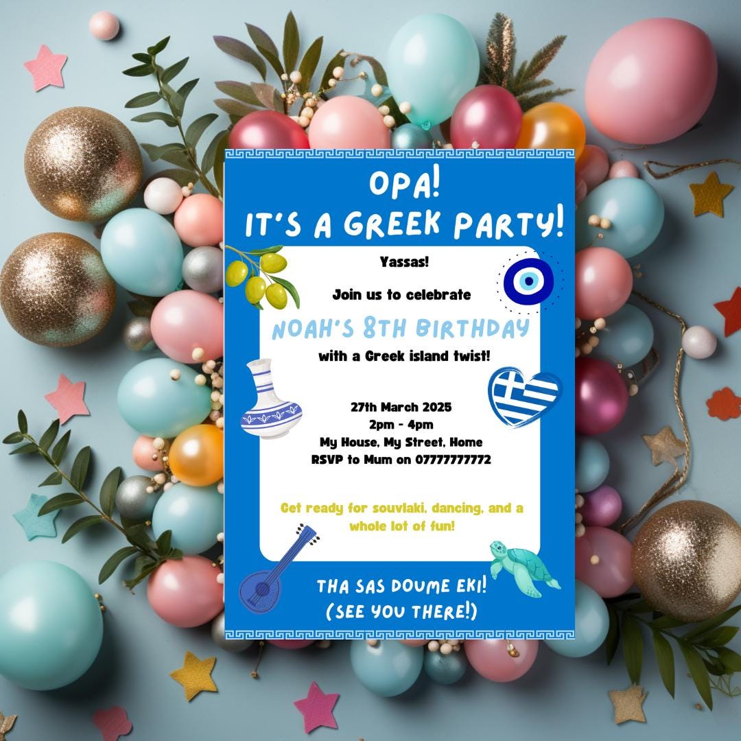 Editable Greek Birthday Party Invitation | OPA! Greek Island Theme ...