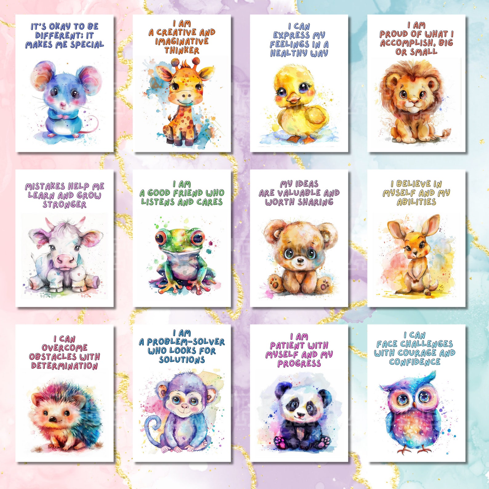 Printable Kids Watercolor Animal Affirmation Cards | 32 Positive ...