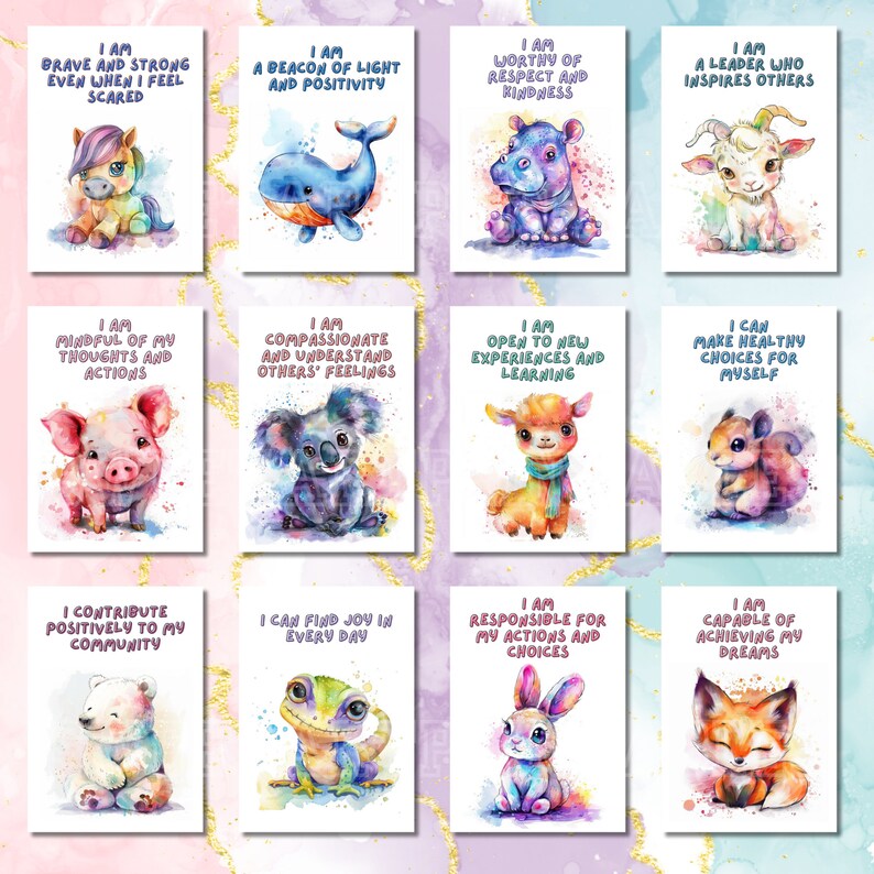 Printable Kids Watercolor Animal Affirmation Cards | 32 Positive ...