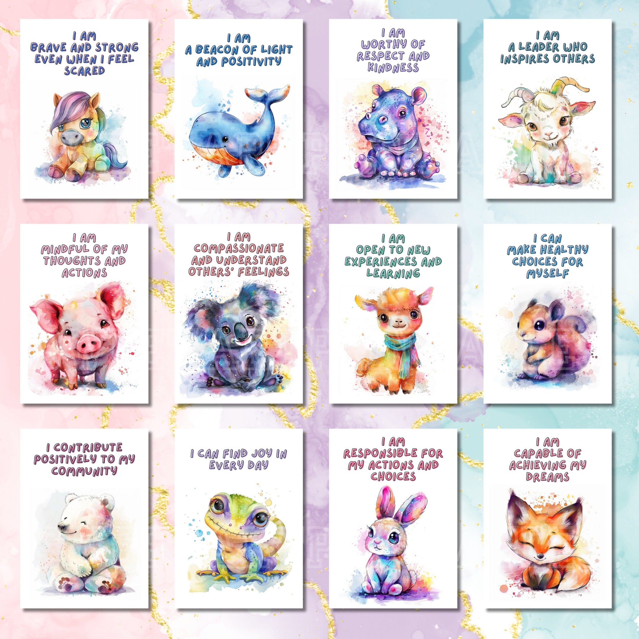 Printable Kids Watercolor Animal Affirmation Cards | 32 Positive ...