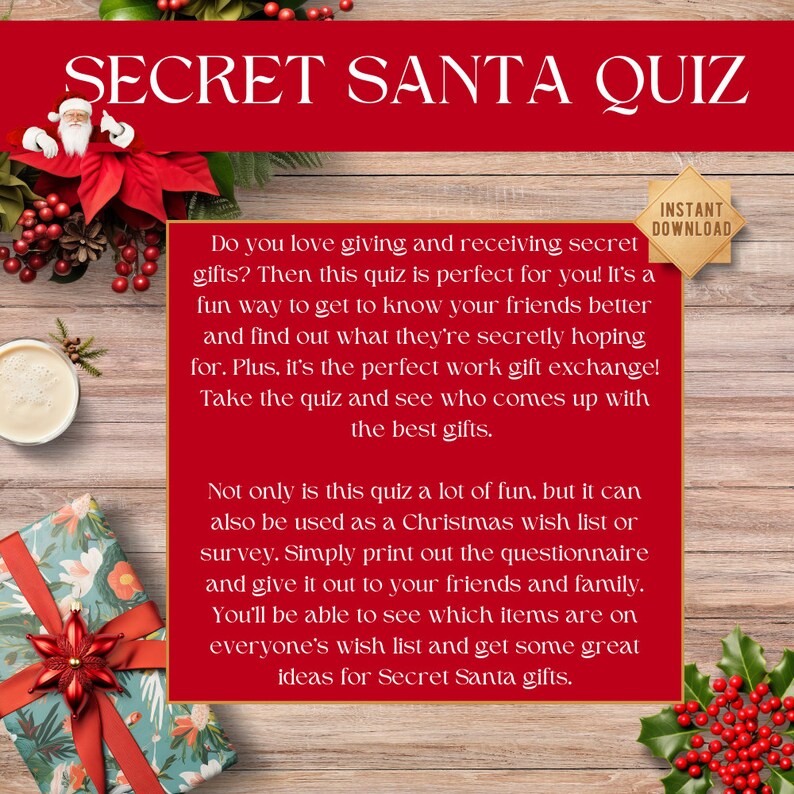 Secret Santa Printable | Secret Santa Questionaire | Dinner Party Quiz ...