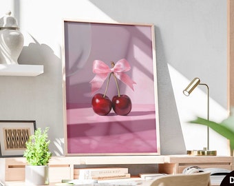 Cherry Wall Art Print, Printable Feminine Poster, Coquette Pink Bow Soft Girl Bedroom Decor ...